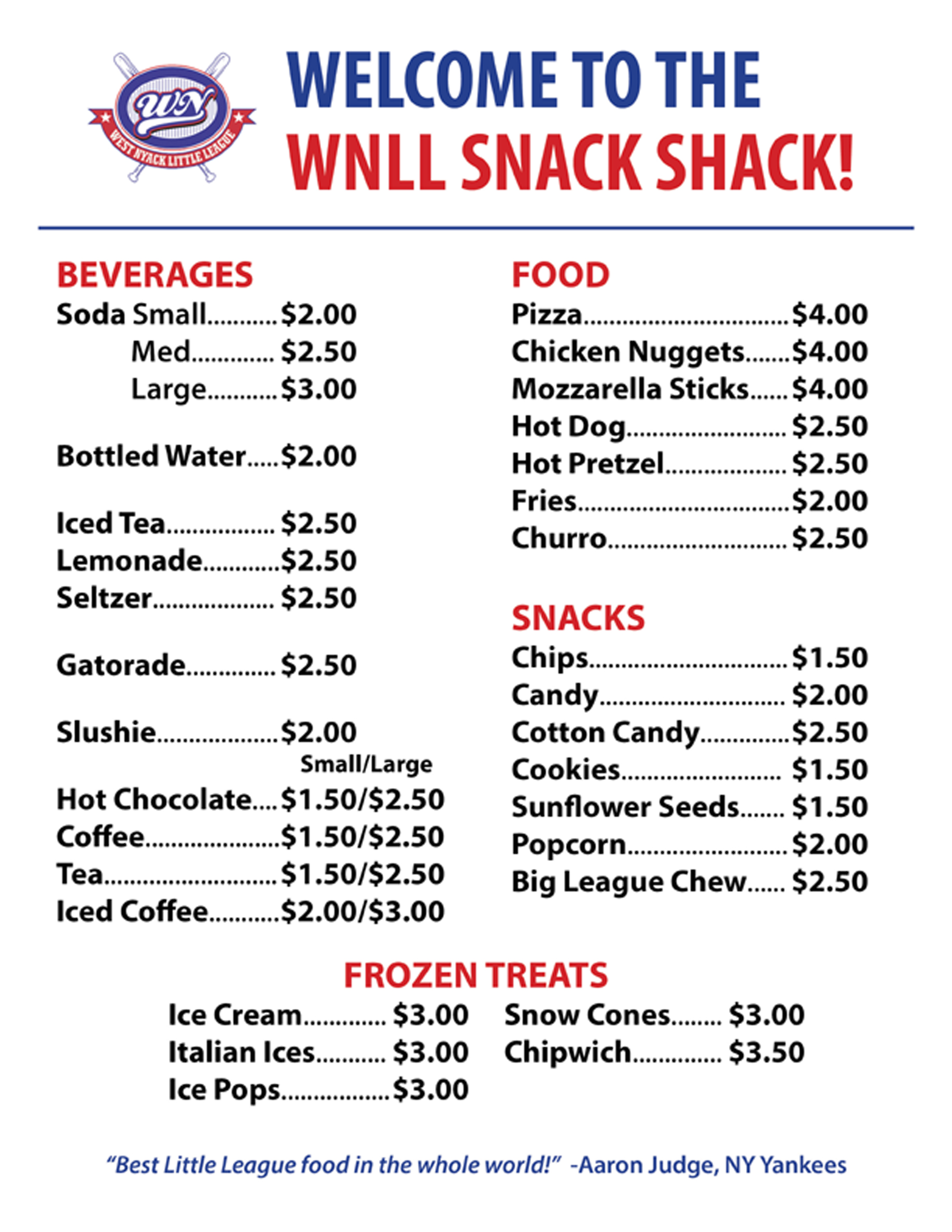 Snack Bar Menu Prices Snack Bar Menu Prices